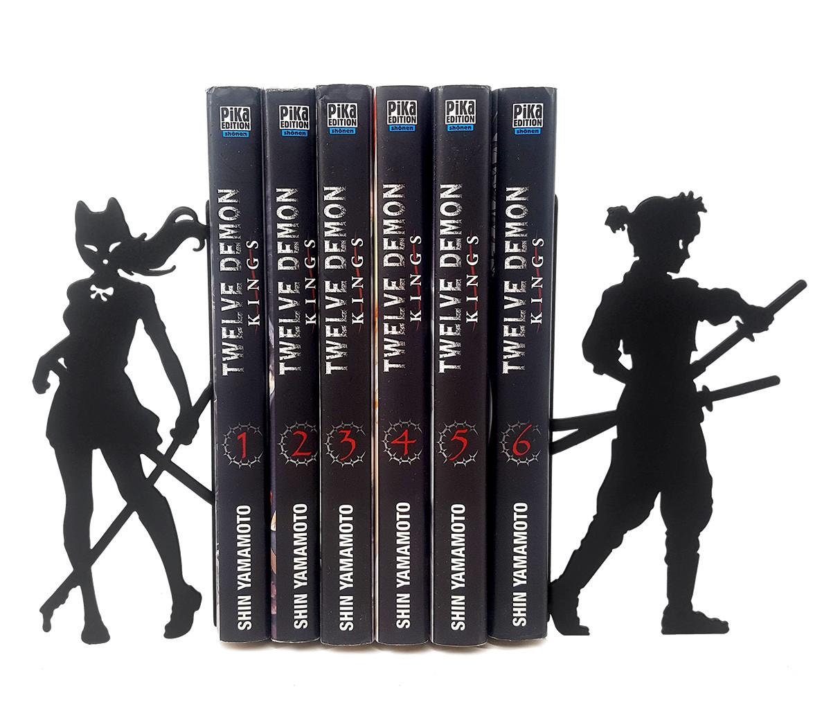 Character silhouettes items with katana to hold manga